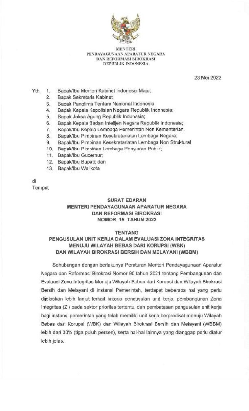 Surat Edaran Menteri Negara Pendayagunaan Aparatur Negara dan Reformasi Birokrasi No 15 tahun ...