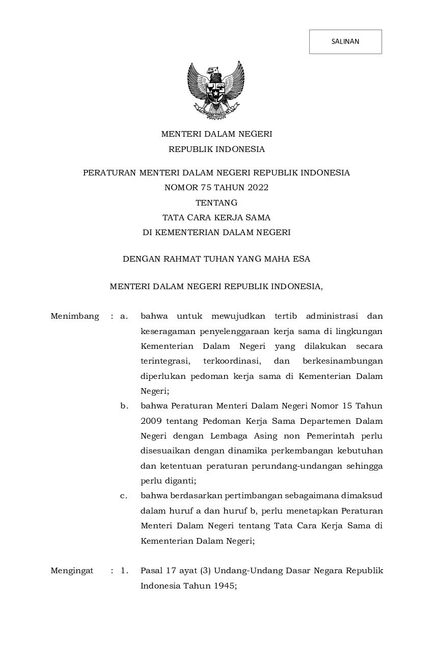 Peraturan Menteri Dalam Negeri No 75 tahun 2022 tentang Tata Cara Kerja Sama di Kementerian ...