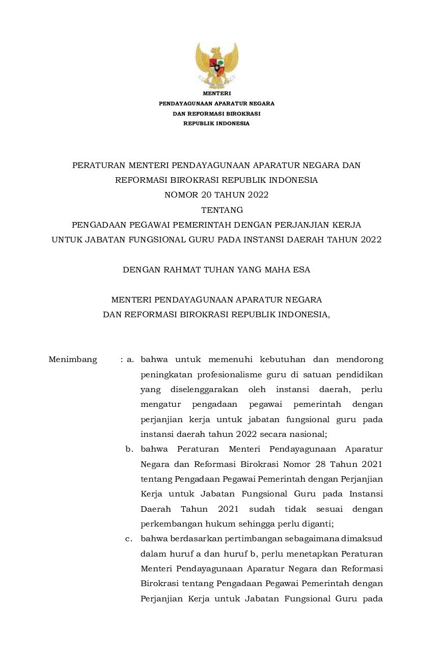 Peraturan Menteri Negara Pendayagunaan Aparatur Negara dan Reformasi Birokrasi No 20 tahun 2022 ...