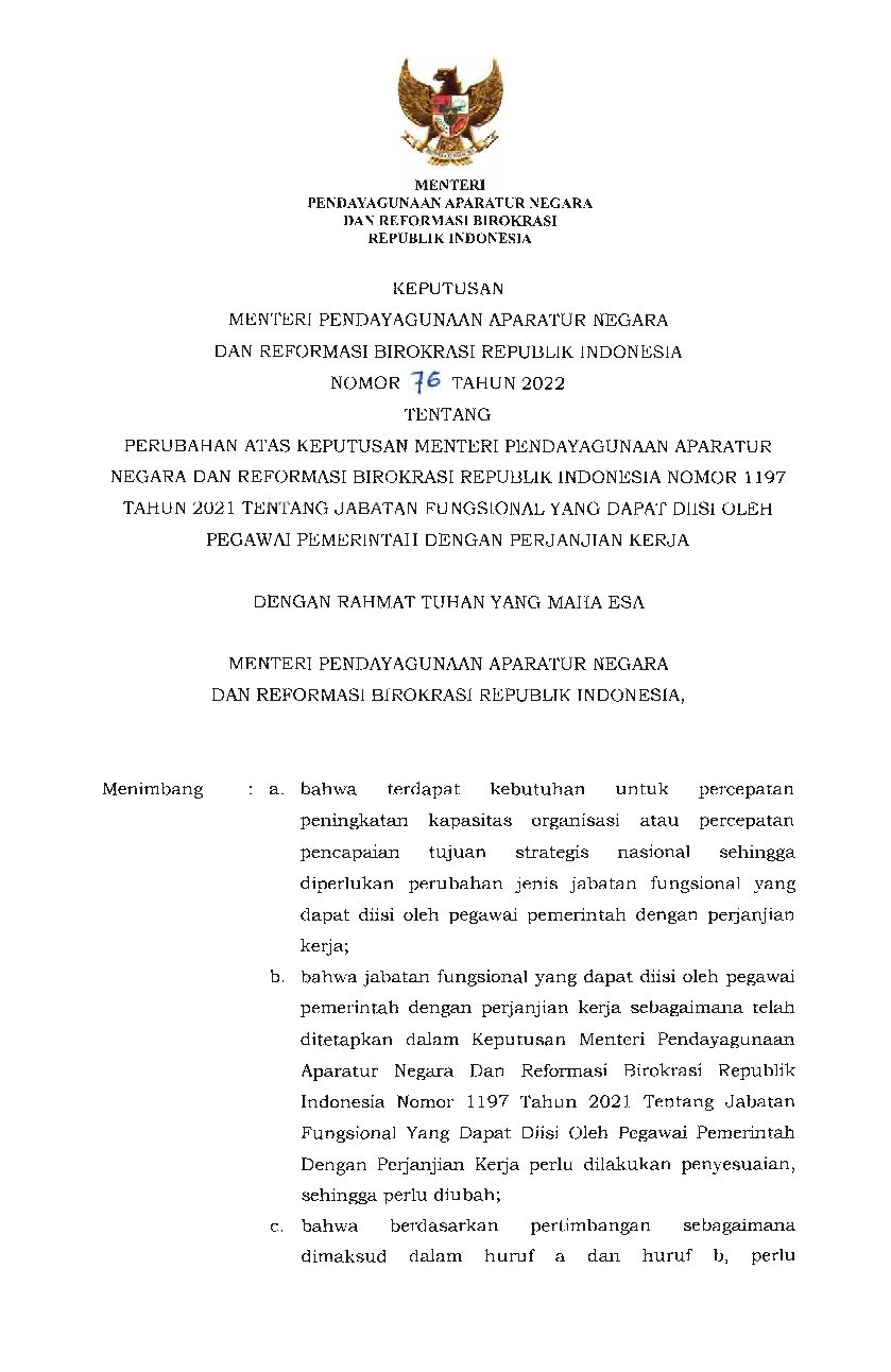 Keputusan Menteri Negara Pendayagunaan Aparatur Negara dan Reformasi Birokrasi No 76 tahun 2022 ...