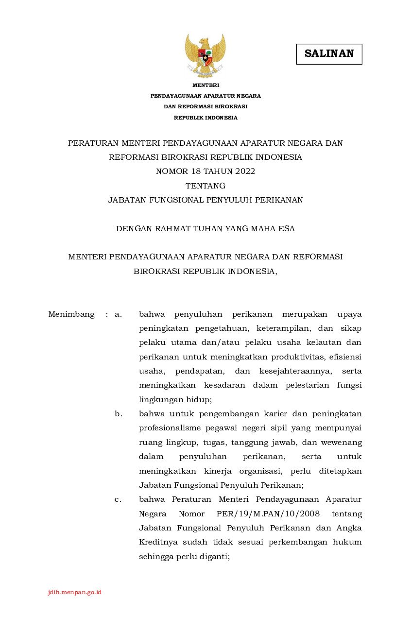 Peraturan Menteri Negara Pendayagunaan Aparatur Negara dan Reformasi Birokrasi No 18 tahun 2022 ...