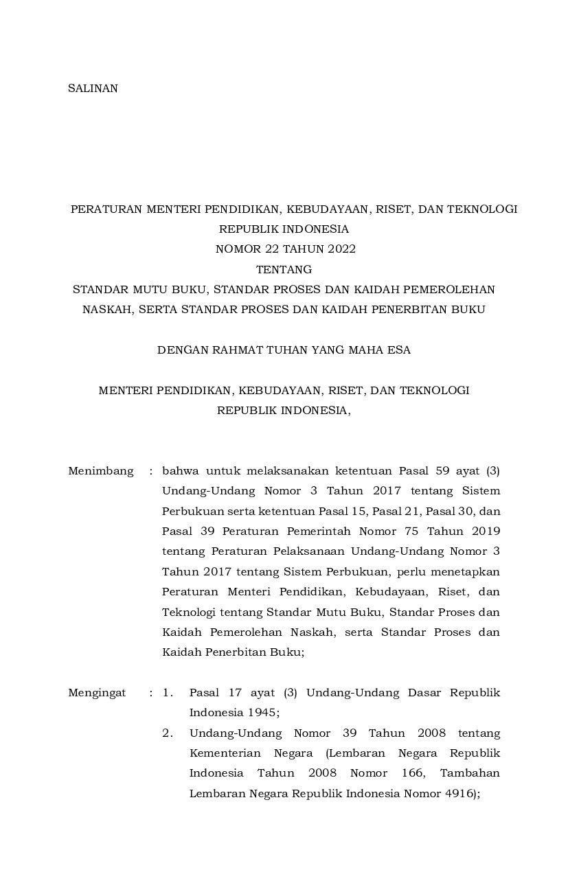 Peraturan Menteri Pendidikan, Kebudayaan, Riset, dan Teknologi (Dikbudristek) No 22 tahun 2022 ...