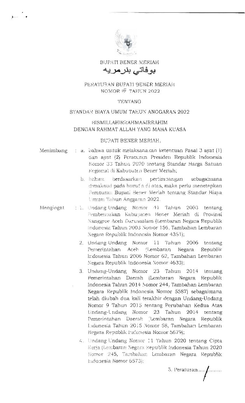 Peraturan Bupati Bener Meriah No 15 tahun 2022 tentang Standar Biaya ... Peraturan Bupati Bener Meriah No 15 tahun 2022 tentang Standar Biaya ...