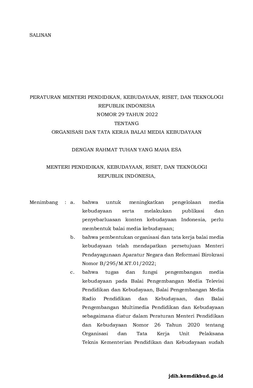 Peraturan Menteri Pendidikan, Kebudayaan, Riset, dan Teknologi (Dikbudristek) No 29 tahun 2022 ...