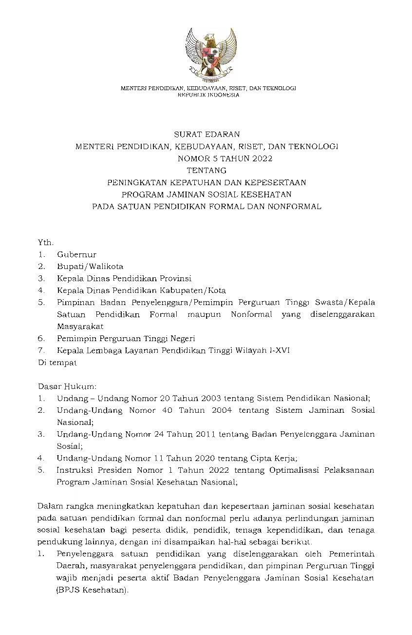 Surat Edaran Menteri Pendidikan dan Kebudayaan No 5 tahun 2022 tentang Peningkatan Kepatuhan dan ...