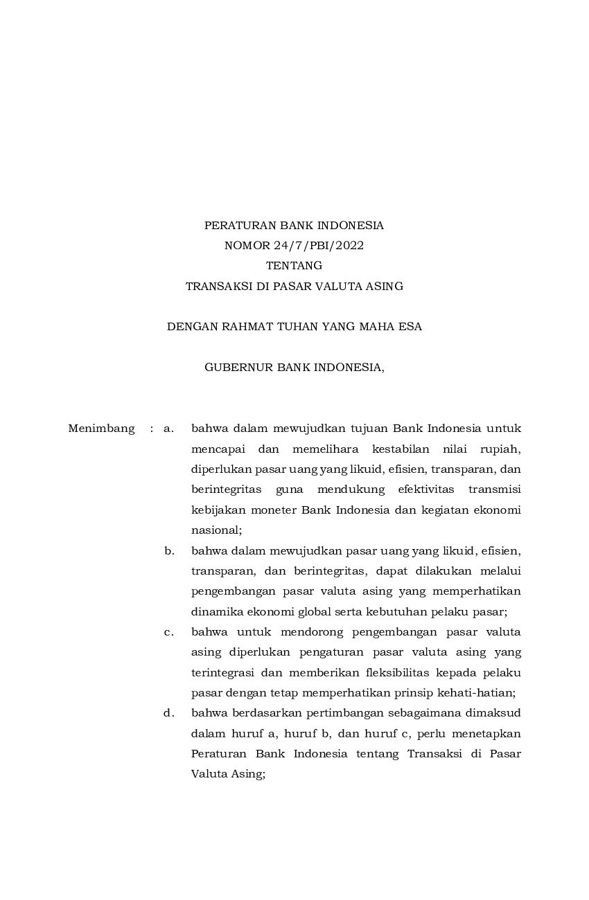 Peraturan Bank Indonesia (BI) No 24/7/PBI/2022 tahun 2022 tentang ... Peraturan Bank Indonesia (BI) No 24/7/PBI/2022 tahun 2022 tentang ...
