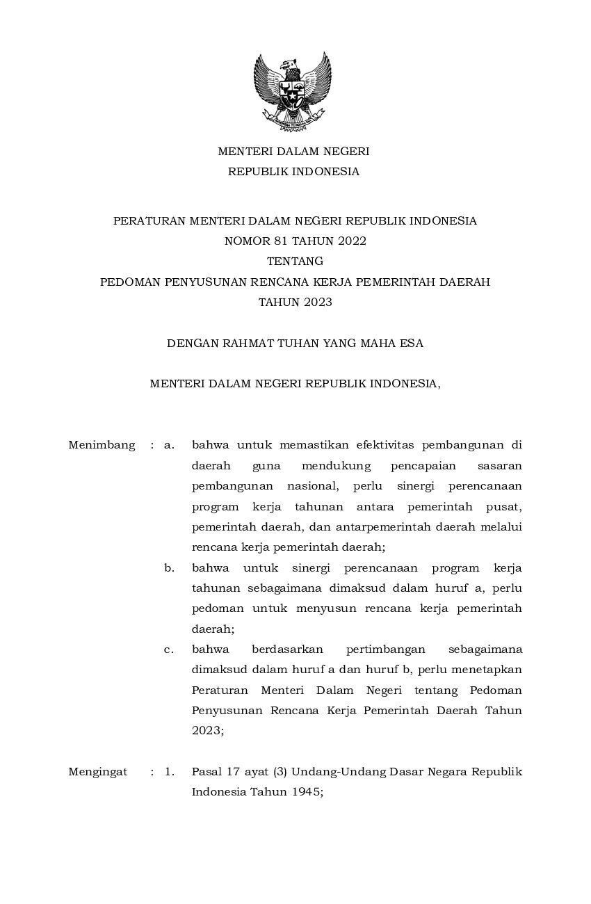 Peraturan Menteri Dalam Negeri No 81 tahun 2022 tentang Pedoman Penyusunan Rencana Kerja ...