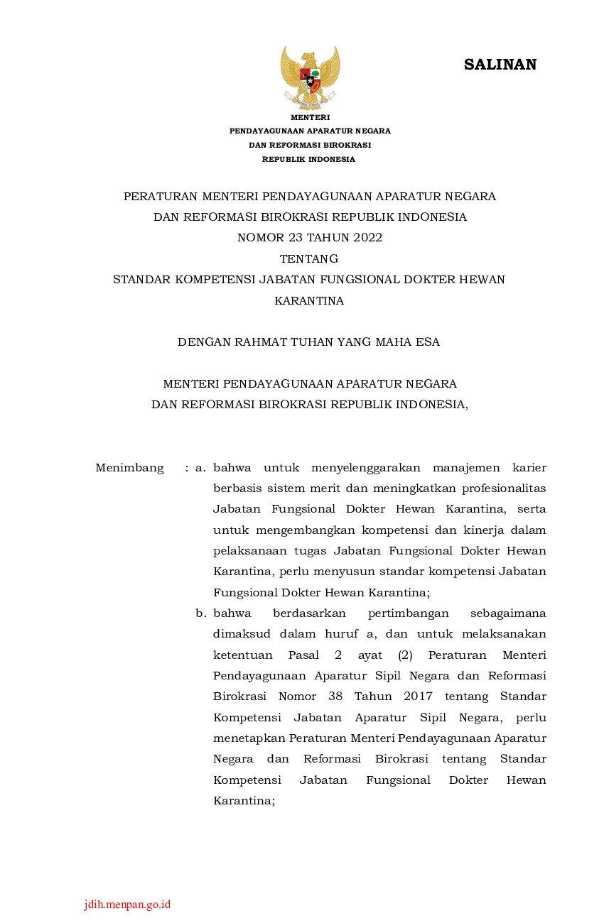 Peraturan Menteri Negara Pendayagunaan Aparatur Negara dan Reformasi Birokrasi No 23 tahun 2022 ...