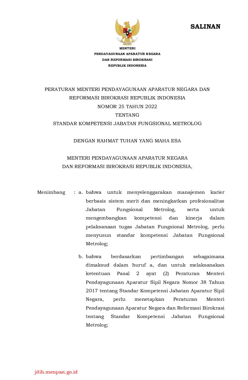 Peraturan Menteri Negara Pendayagunaan Aparatur Negara dan Reformasi Birokrasi No 25 tahun 2022 ...