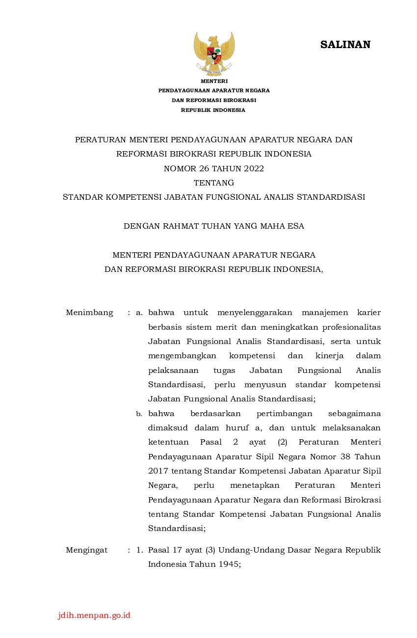 Peraturan Menteri Negara Pendayagunaan Aparatur Negara dan Reformasi Birokrasi No 26 tahun 2022 ...