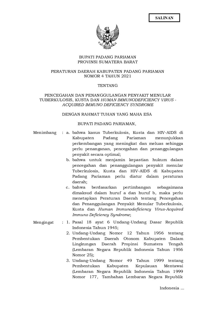 Peraturan Daerah Kab. Padang Pariaman No 4 tahun 2021 tentang ... Peraturan Daerah Kab. Padang Pariaman No 4 tahun 2021 tentang ...