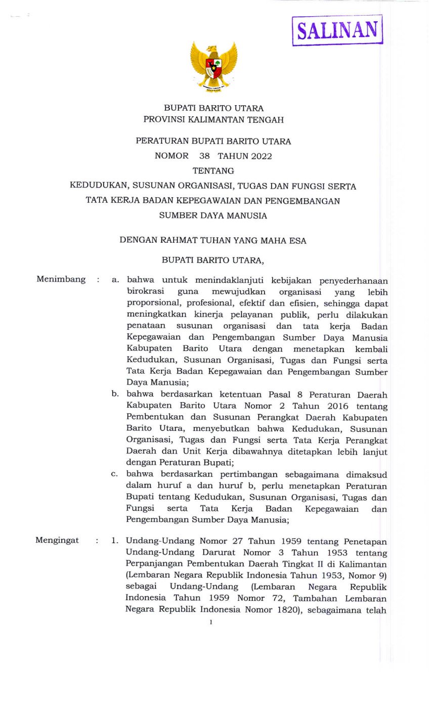 Peraturan Bupati Barito Utara No 38 tahun 2022 tentang Kedudukan, Susunan Organisasi, Tugas dan ...