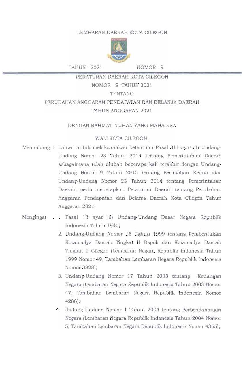 Peraturan Daerah Kota Cilegon No 9 tahun 2021 tentang Perubahan ...