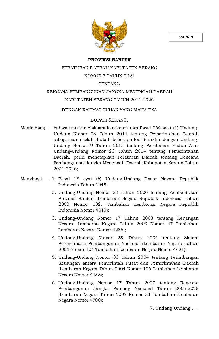 Peraturan Daerah Kab. Serang No 7 tahun 2021 tentang Rencana ... Peraturan Daerah Kab. Serang No 7 tahun 2021 tentang Rencana ...
