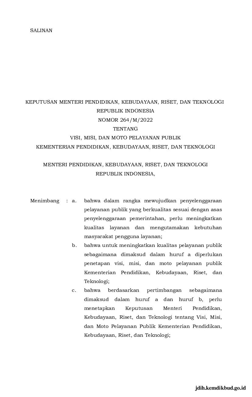 Keputusan Menteri Pendidikan, Kebudayaan, Riset, dan Teknologi (Dikbudristek) No 264/M/2022 ...