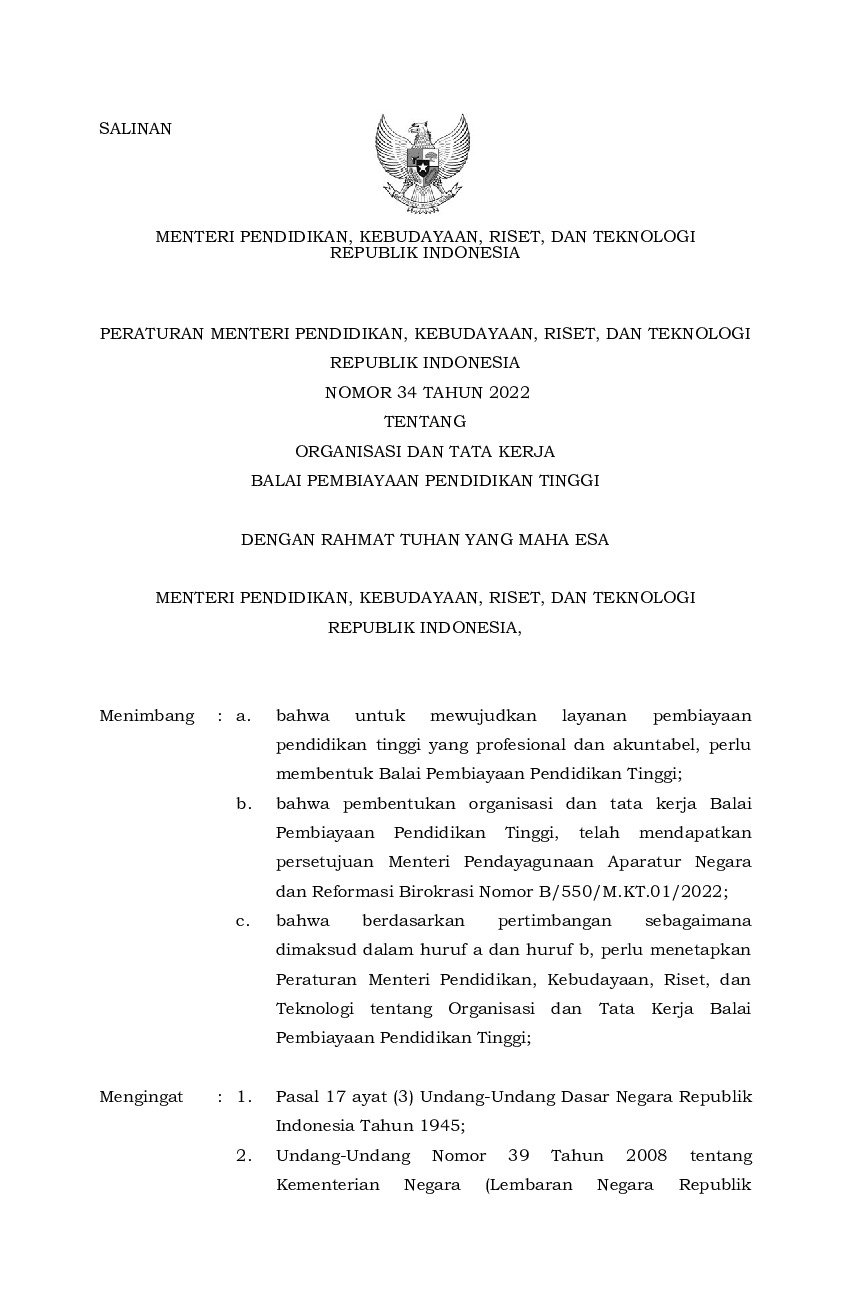 Peraturan Menteri Pendidikan, Kebudayaan, Riset, dan Teknologi (Dikbudristek) No 34 tahun 2022 ...