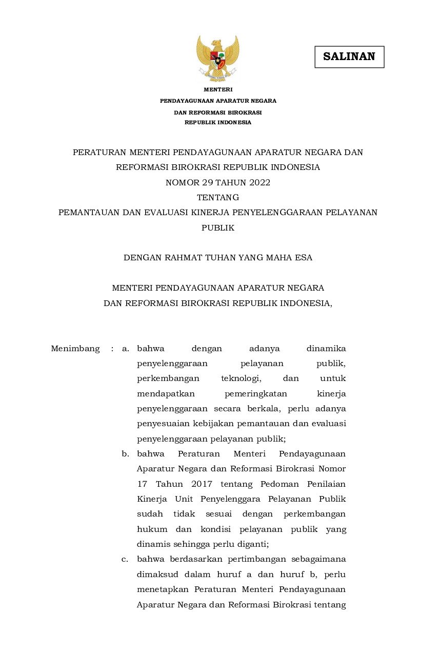 Peraturan Menteri Negara Pendayagunaan Aparatur Negara dan Reformasi Birokrasi No 29 tahun 2022 ...