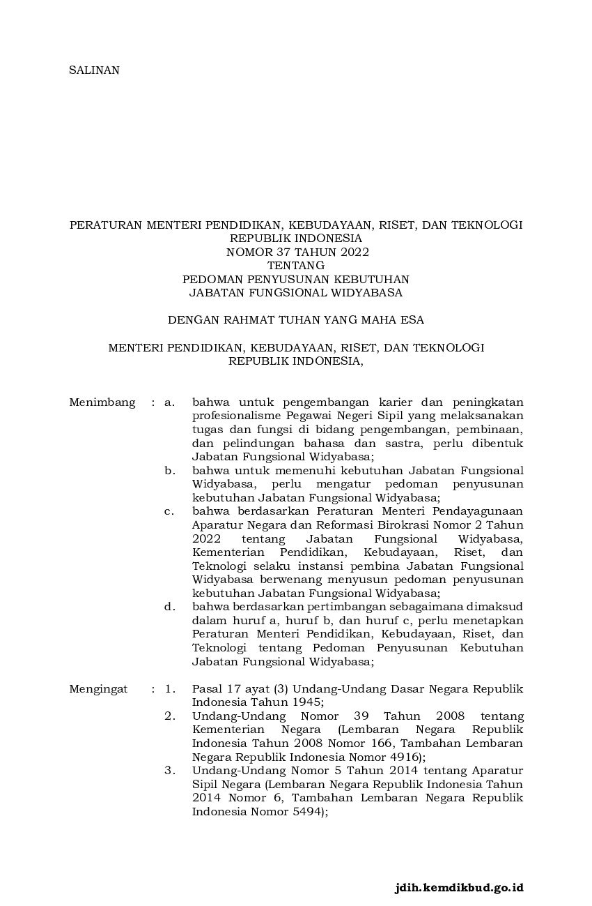 Peraturan Menteri Pendidikan, Kebudayaan, Riset, dan Teknologi (Dikbudristek) No 37 tahun 2022 ...