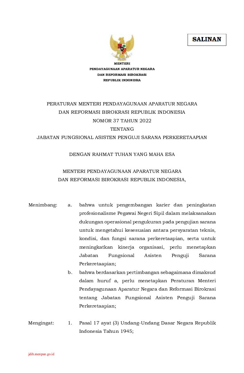 Peraturan Menteri Negara Pendayagunaan Aparatur Negara dan Reformasi Birokrasi No 37 tahun 2022 ...