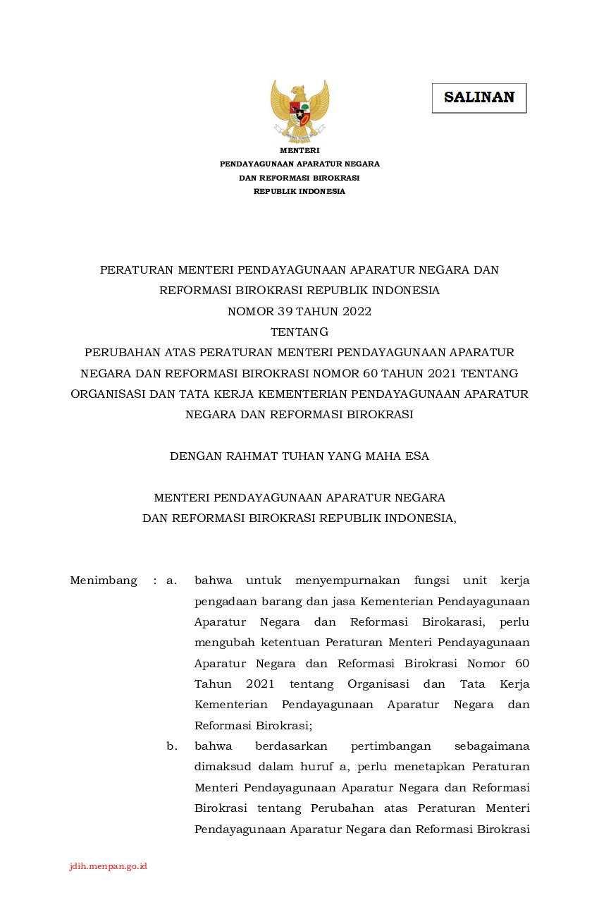 Peraturan Menteri Negara Pendayagunaan Aparatur Negara dan Reformasi Birokrasi No 39 tahun 2022 ...