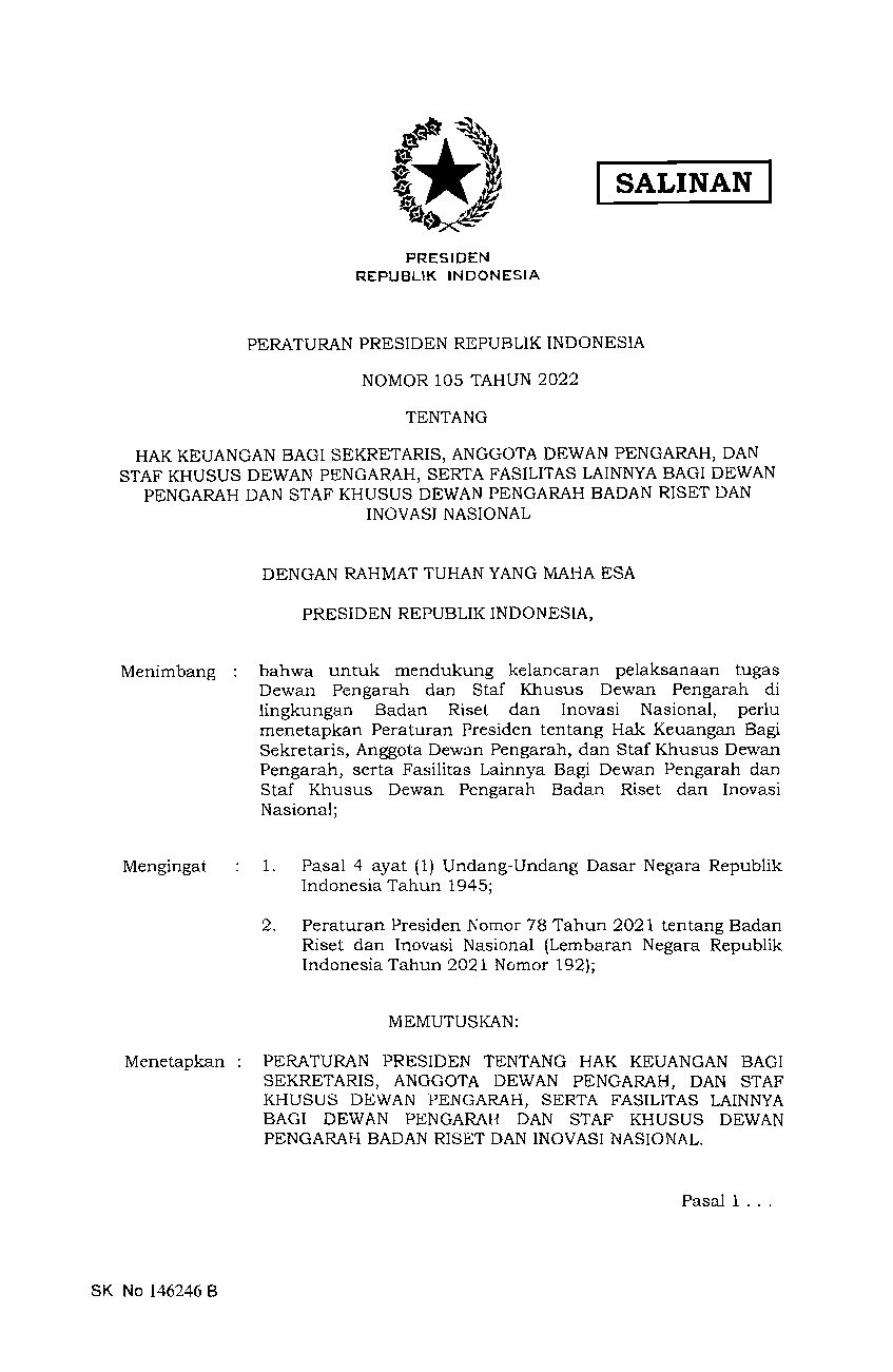 Peraturan Presiden No 105 tahun 2022 tentang Hak Keuangan bagi ... Peraturan Presiden No 105 tahun 2022 tentang Hak Keuangan bagi ...