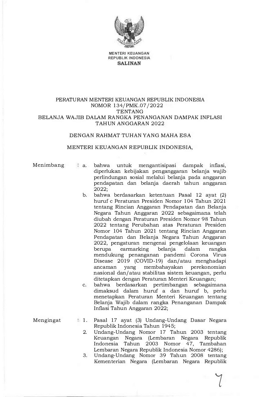 Peraturan Menteri Keuangan No 134/PMK.07 /2022 tahun 2022 tentang ... Peraturan Menteri Keuangan No 134/PMK.07 /2022 tahun 2022 tentang ...