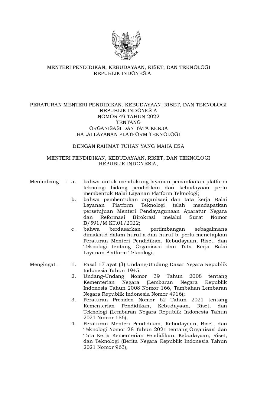 Peraturan Menteri Pendidikan, Kebudayaan, Riset, dan Teknologi No 49 tahun 2022 tentang ...