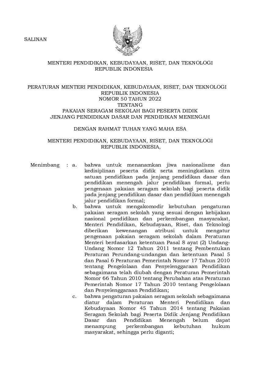 Peraturan Menteri Pendidikan, Kebudayaan, Riset, dan Teknologi (Dikbudristek) No 50 tahun 2022 ...
