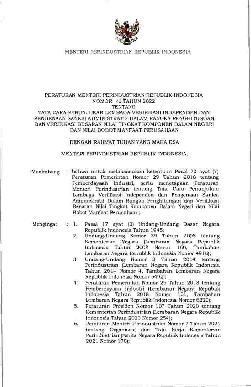Peraturan Menteri Perindustrian No 43 tahun 2022 tentang Tata Cara Penunjukan Lembaga Verifikasi ...