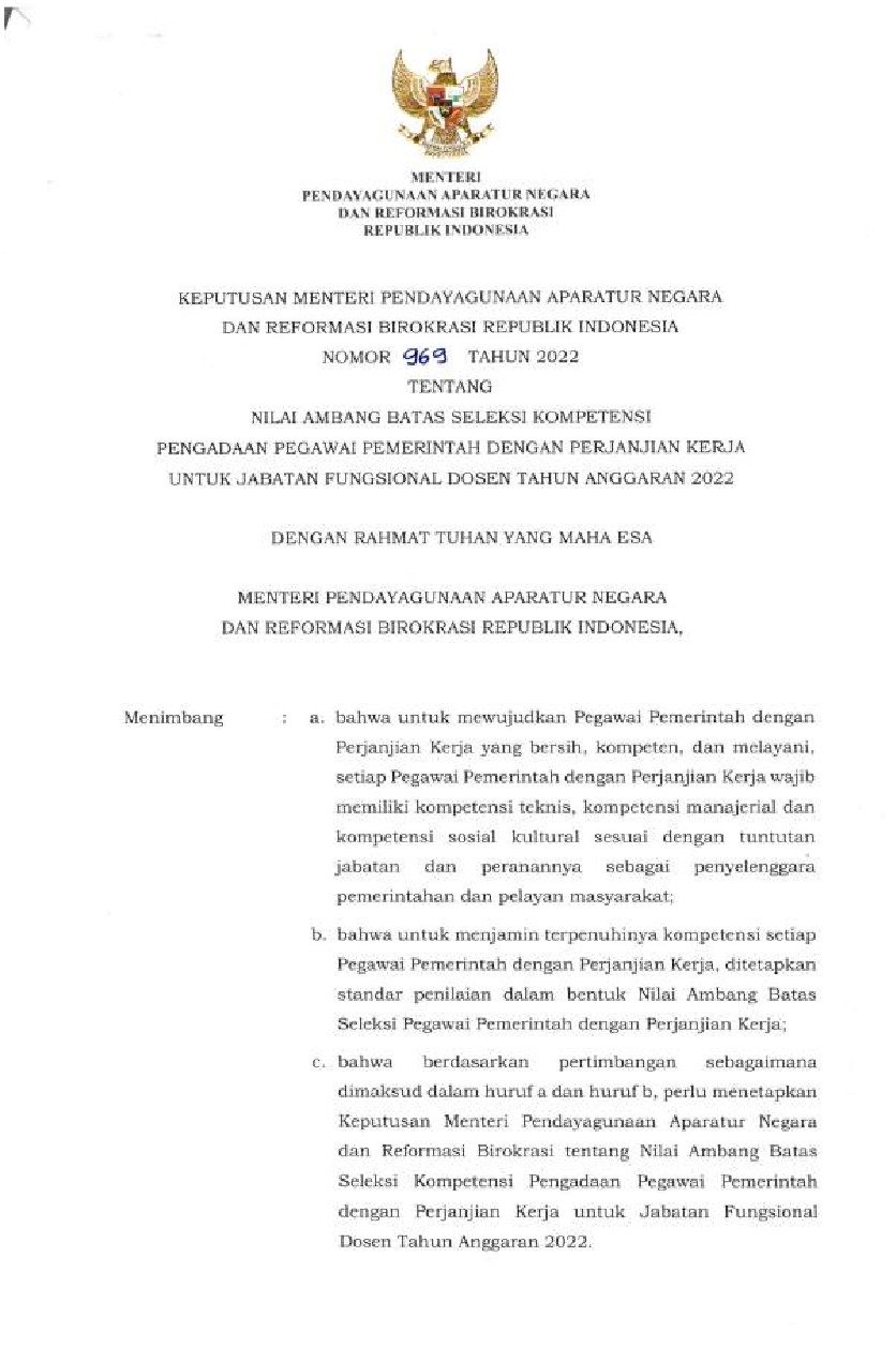 Keputusan Menteri Negara Pendayagunaan Aparatur Negara dan Reformasi Birokrasi No 969 tahun 2022 ...