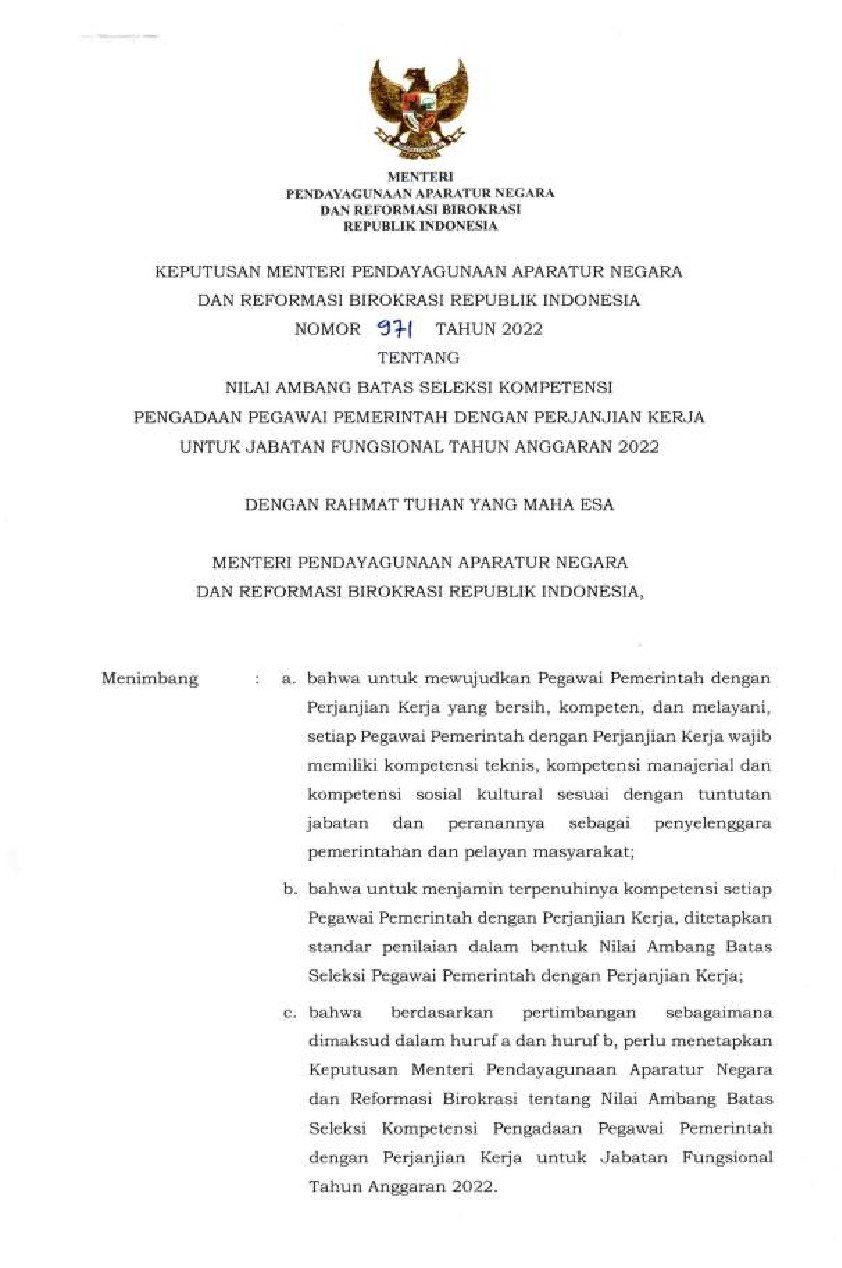 Keputusan Menteri Negara Pendayagunaan Aparatur Negara dan Reformasi Birokrasi No 971 tahun 2022 ...