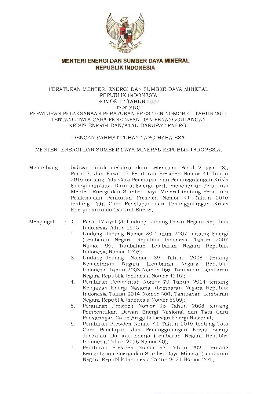 Peraturan Menteri Energi dan Sumber Daya Mineral No 12 tahun 2022 ... Peraturan Menteri Energi dan Sumber Daya Mineral No 12 tahun 2022 ...