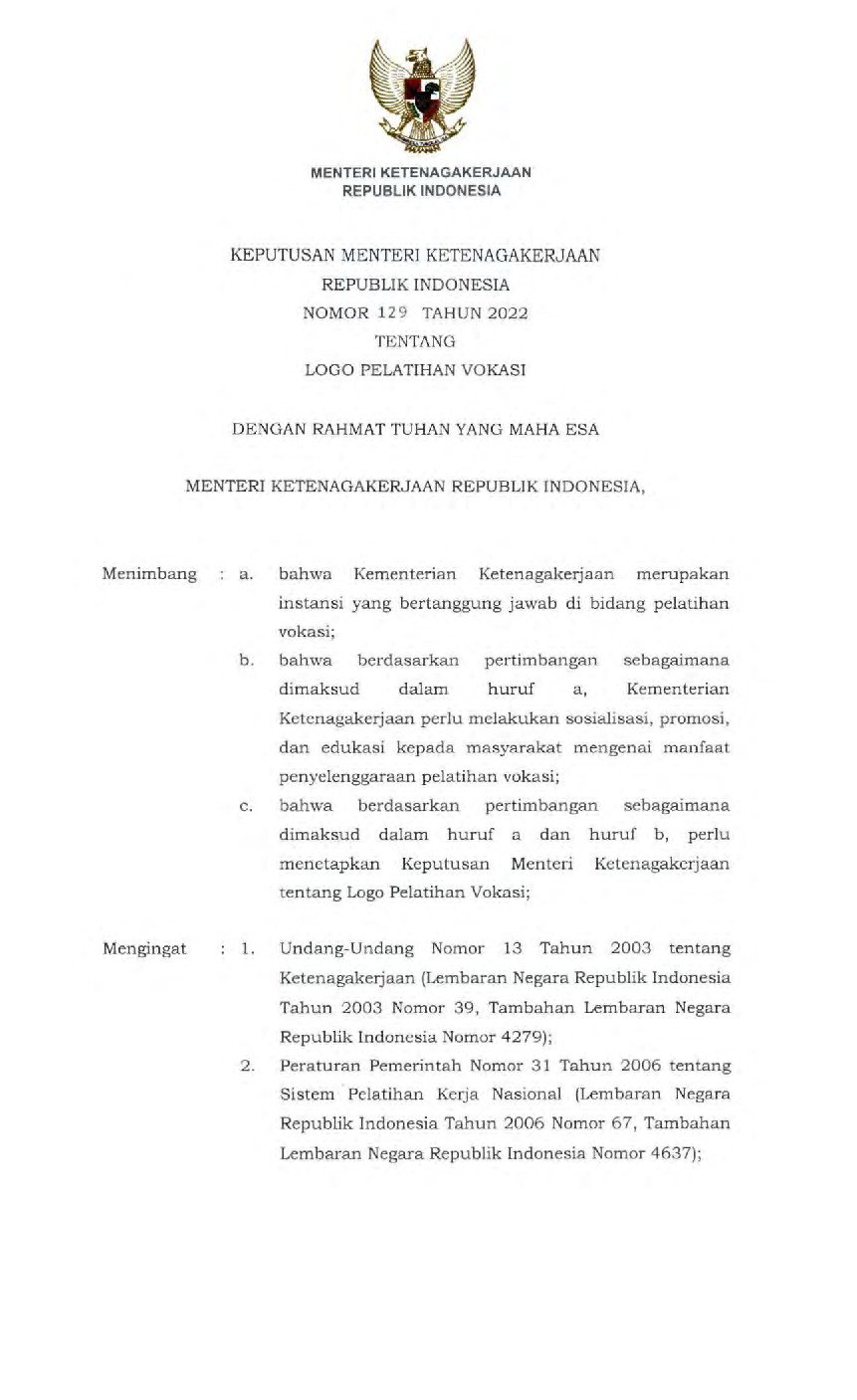 Keputusan Menteri Ketenagakerjaan No 129 Tahun 2022 Tentang Logo