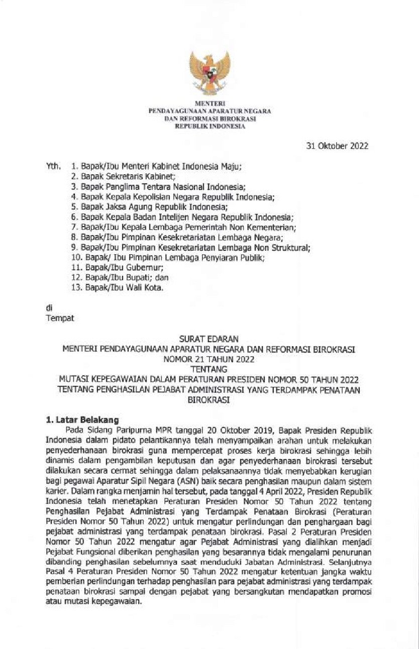 Surat Edaran Menteri Negara Pendayagunaan Aparatur Negara dan Reformasi Birokrasi No 21 tahun ...