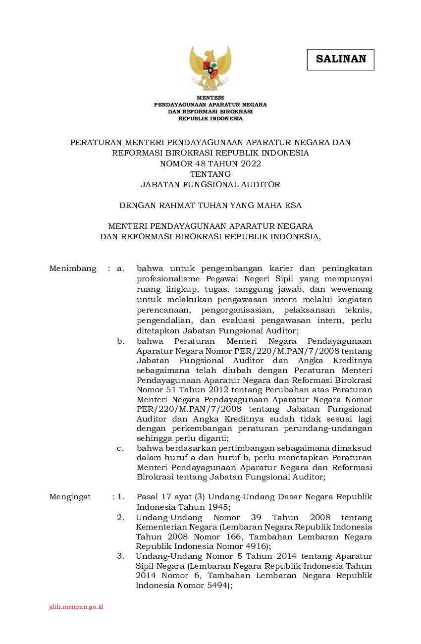 Peraturan Menteri Negara Pendayagunaan Aparatur Negara dan Reformasi Birokrasi No 48 tahun 2022 ...