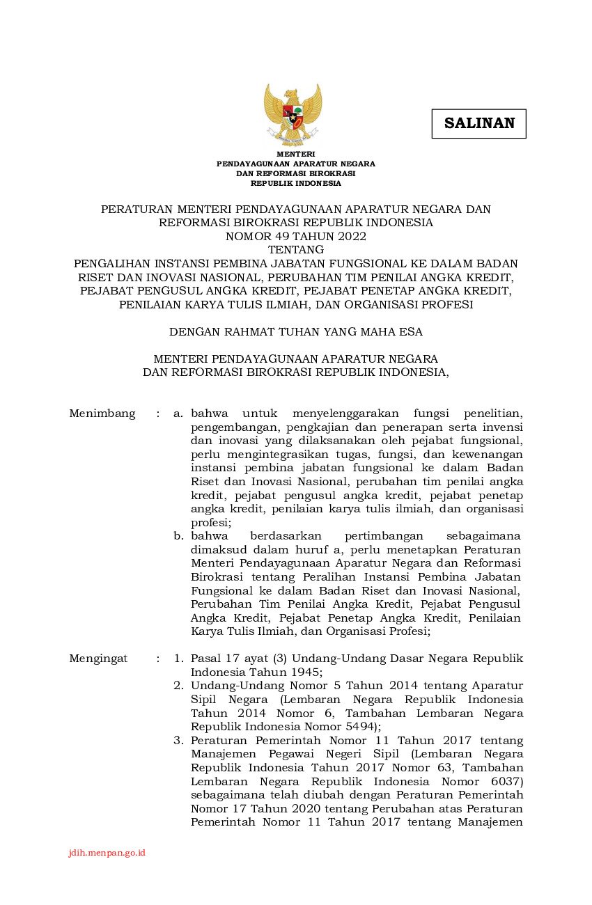 Peraturan Menteri Negara Pendayagunaan Aparatur Negara dan Reformasi Birokrasi No 49 tahun 2022 ...