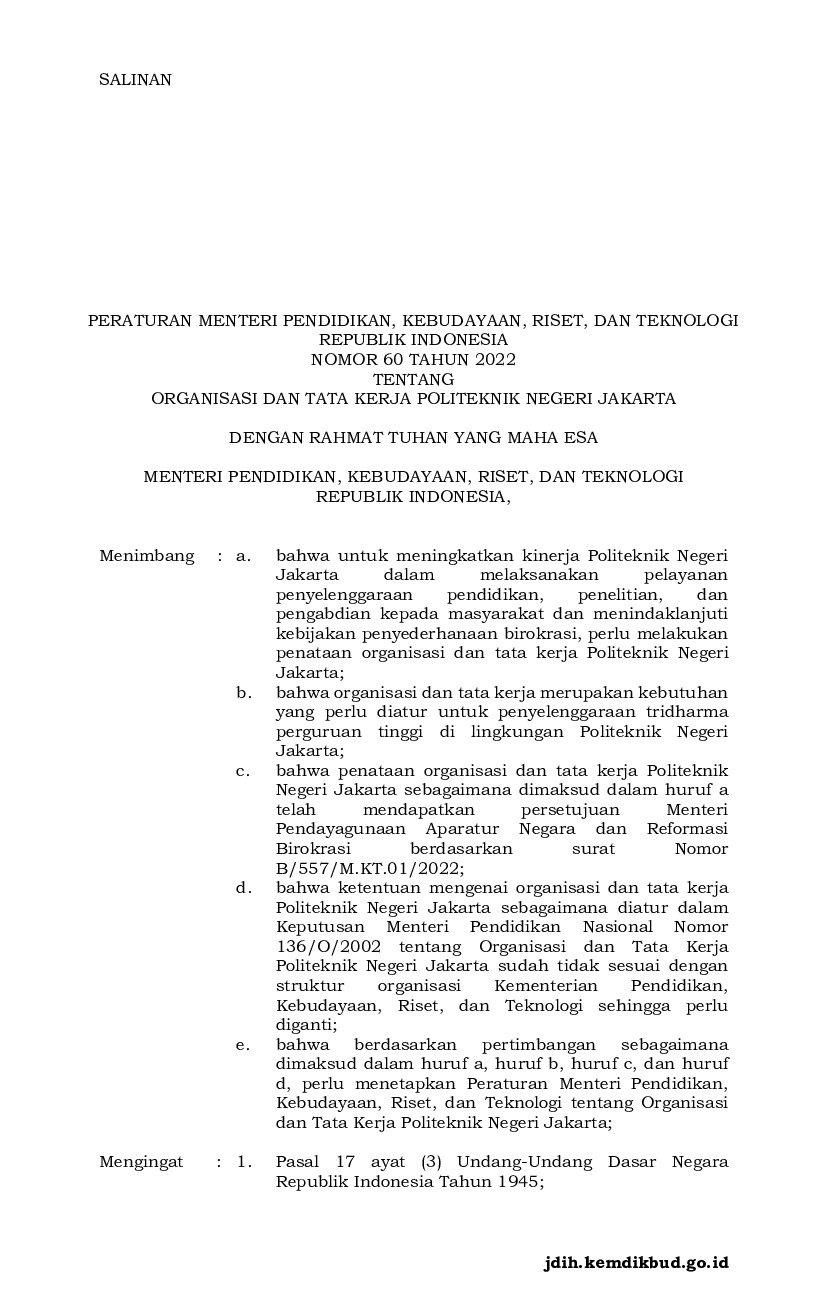 Peraturan Menteri Pendidikan, Kebudayaan, Riset, dan Teknologi (Dikbudristek) No 60 tahun 2022 ...