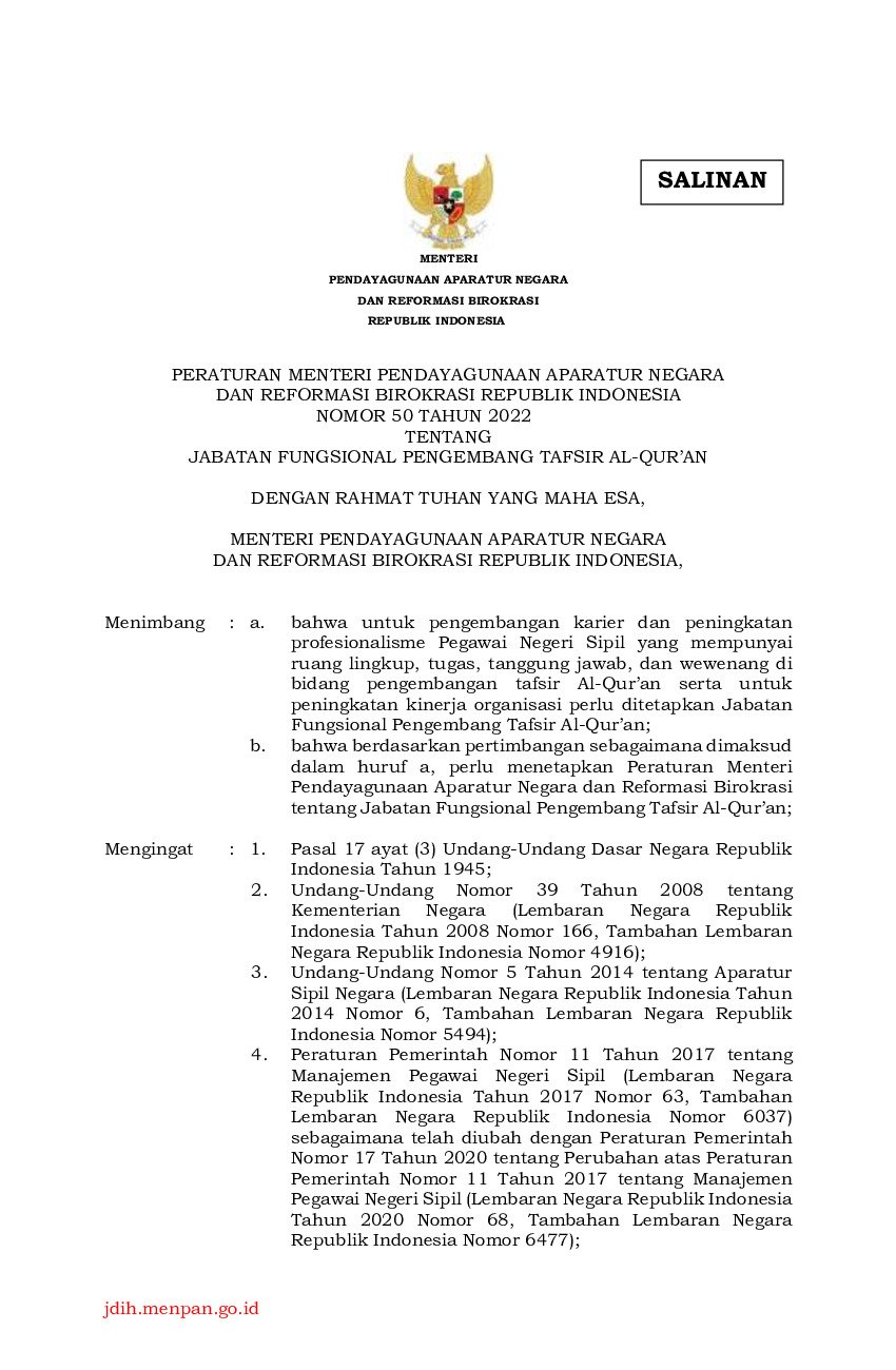 Peraturan Menteri Negara Pendayagunaan Aparatur Negara dan Reformasi Birokrasi No 50 tahun 2022 ...