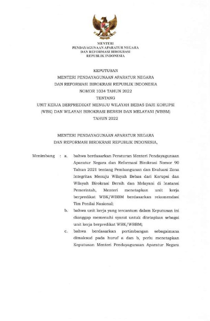 Keputusan Menteri Negara Pendayagunaan Aparatur Negara dan Reformasi Birokrasi No 1034 tahun ...