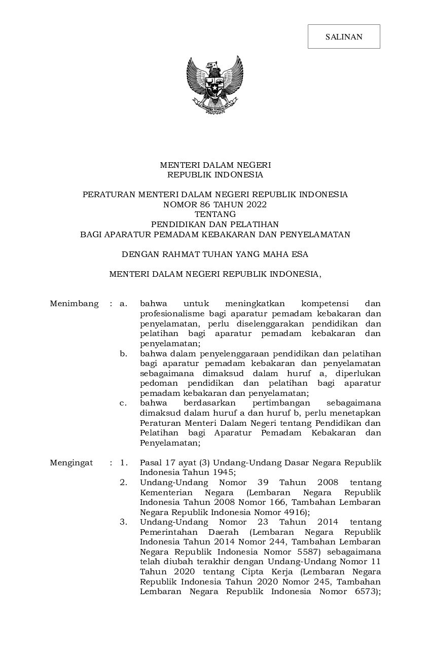 Peraturan Menteri Dalam Negeri No 86 tahun 2022 tentang Pendidikan dan Pelatihan bagi Aparatur ...