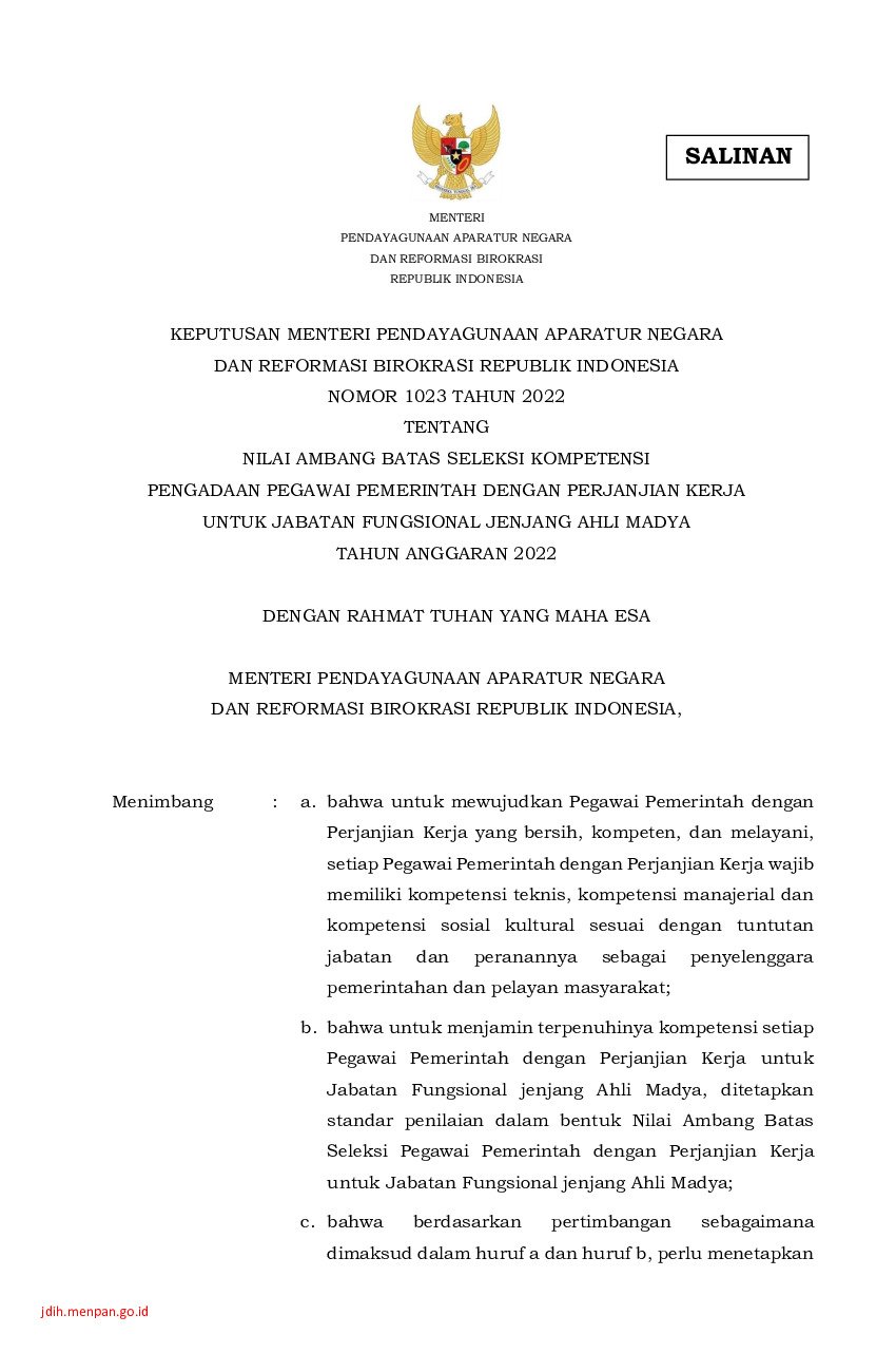 Keputusan Menteri Negara Pendayagunaan Aparatur Negara dan Reformasi Birokrasi No 1023 tahun ...