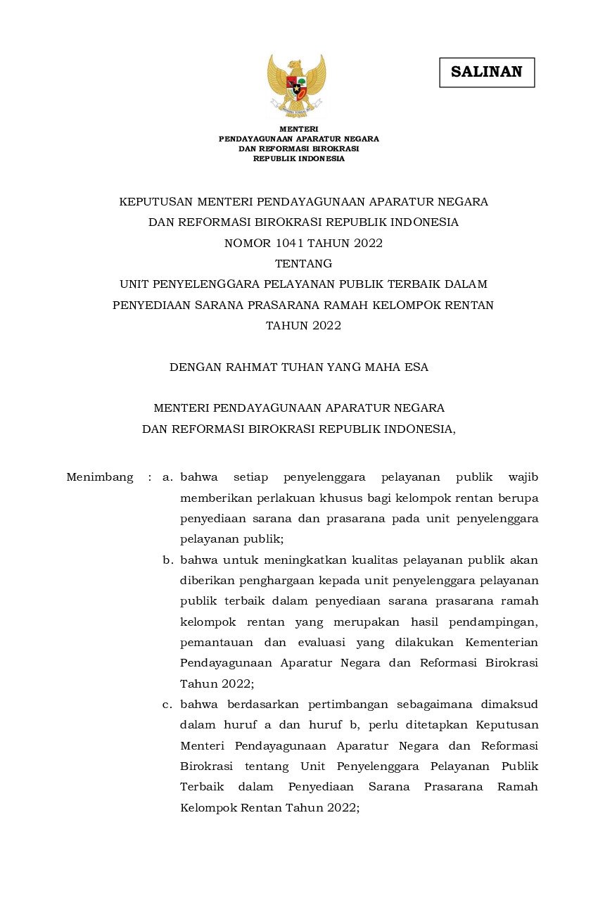 Keputusan Menteri Negara Pendayagunaan Aparatur Negara dan Reformasi Birokrasi No 1041 tahun ...