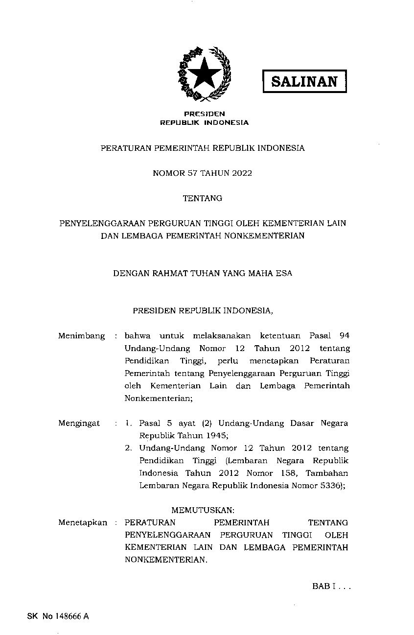 Peraturan Pemerintah No 57 tahun 2022 tentang Penyelenggaraan Perguruan ... Peraturan Pemerintah No 57 tahun 2022 tentang Penyelenggaraan Perguruan ...