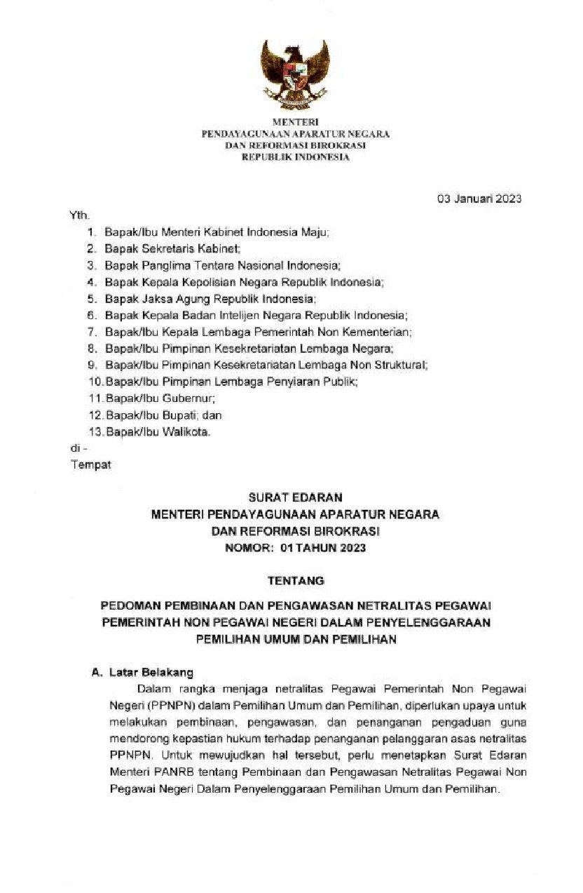 Surat Edaran Menteri Negara Pendayagunaan Aparatur Negara dan Reformasi Birokrasi No 1 tahun ...