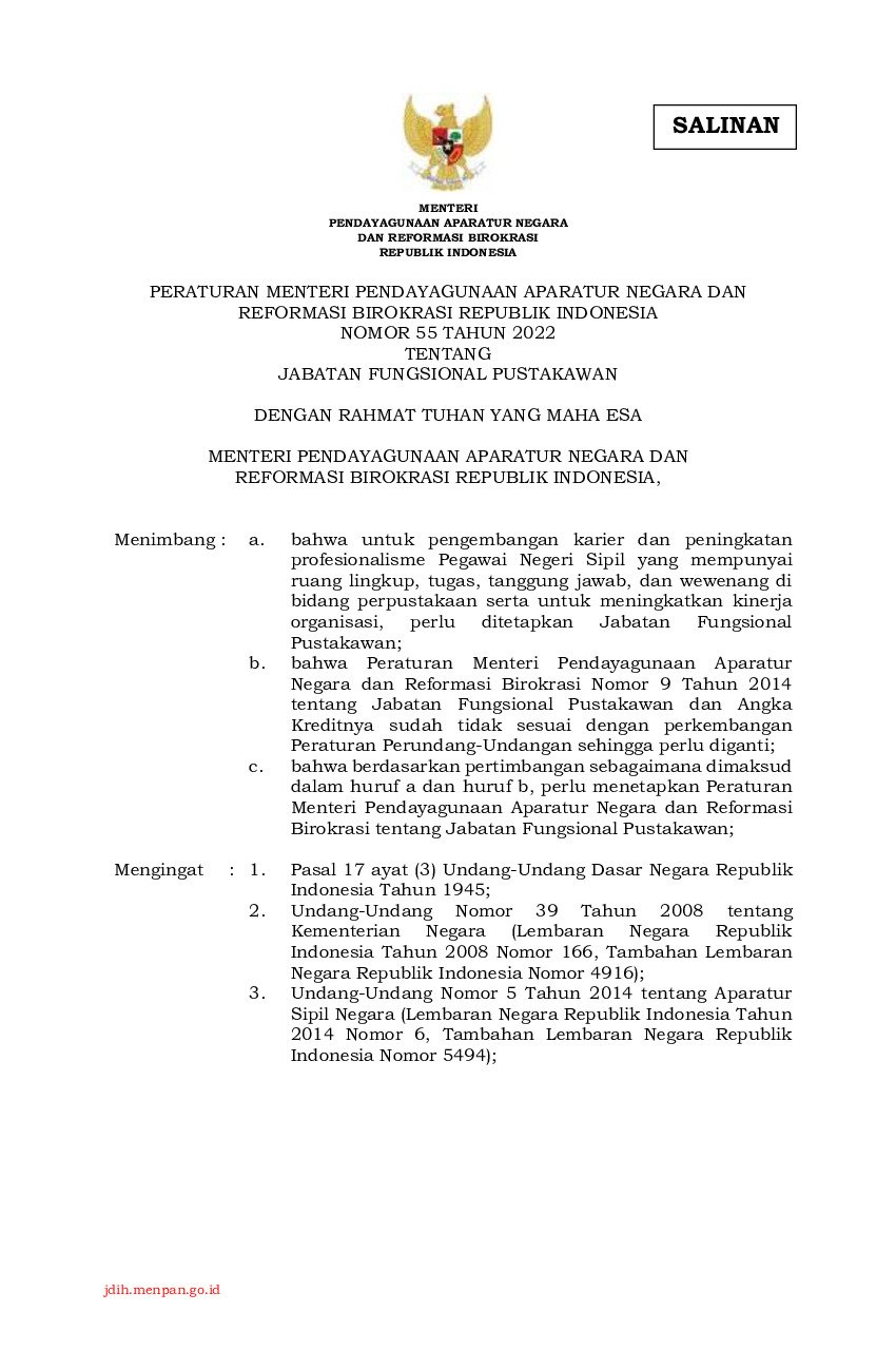 Peraturan Menteri Negara Pendayagunaan Aparatur Negara dan Reformasi Birokrasi No 55 tahun 2022 ...