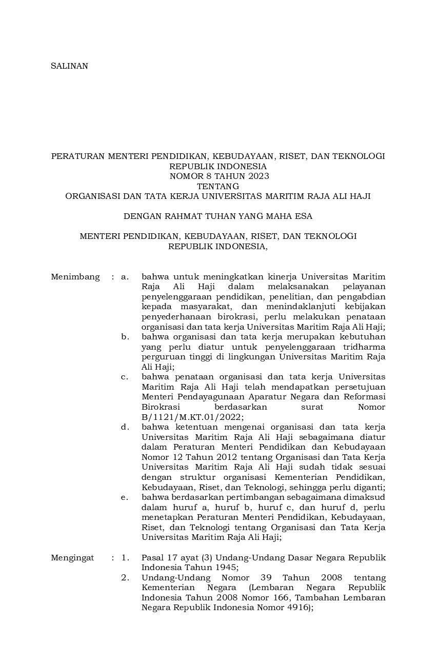 Peraturan Menteri Pendidikan, Kebudayaan, Riset, dan Teknologi (Dikbudristek) No 8 tahun 2023 ...