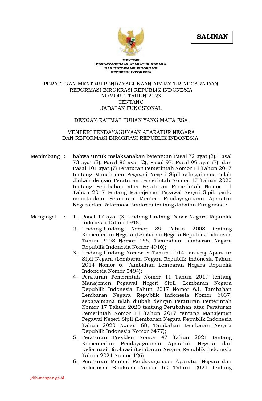Peraturan Menteri Negara Pendayagunaan Aparatur Negara dan Reformasi Birokrasi No 1 tahun 2023 ...