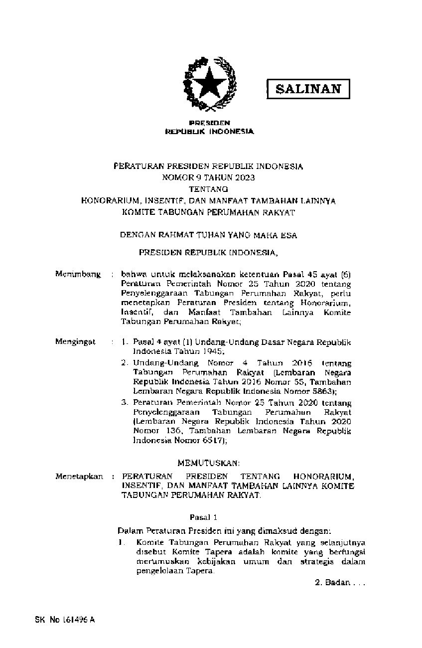 Peraturan Presiden No 9 Tahun 2023 Tentang Honorarium Insentif Dan