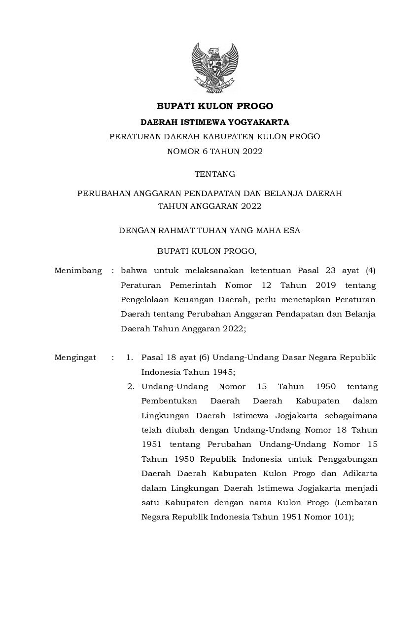Peraturan Daerah Kabupaten Kulon Progo No 6 tahun 2022 tentang ...