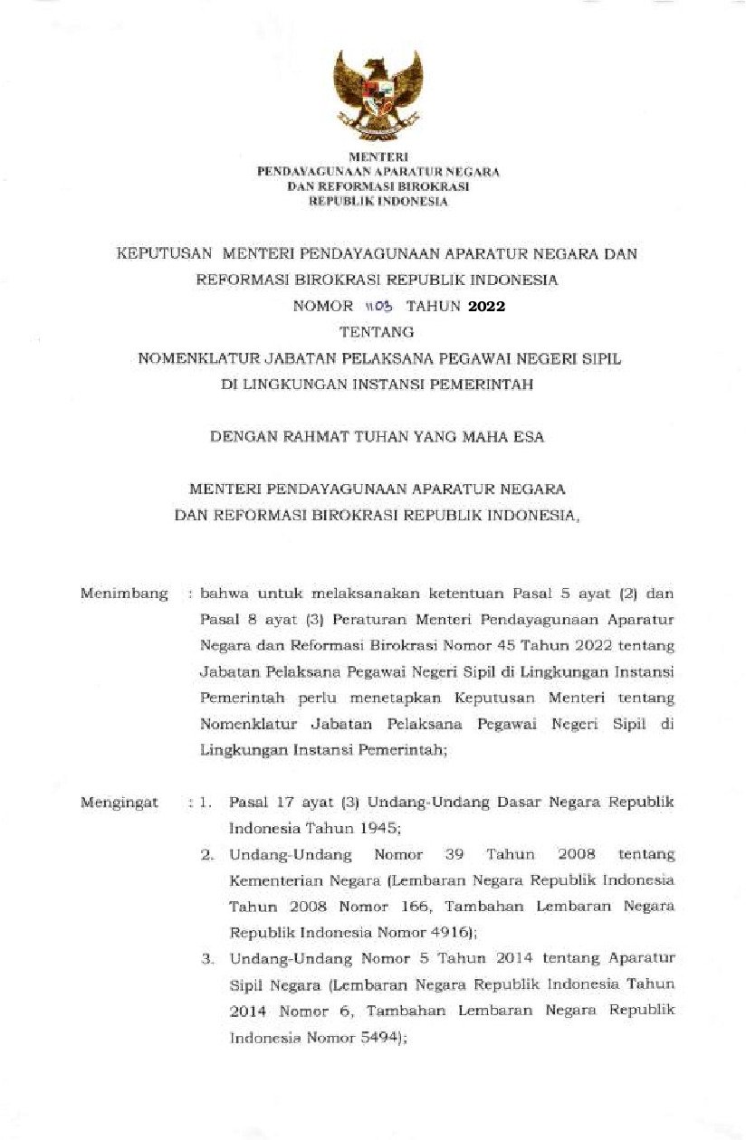Keputusan Menteri Negara Pendayagunaan Aparatur Negara dan Reformasi Birokrasi No 1103 tahun ...